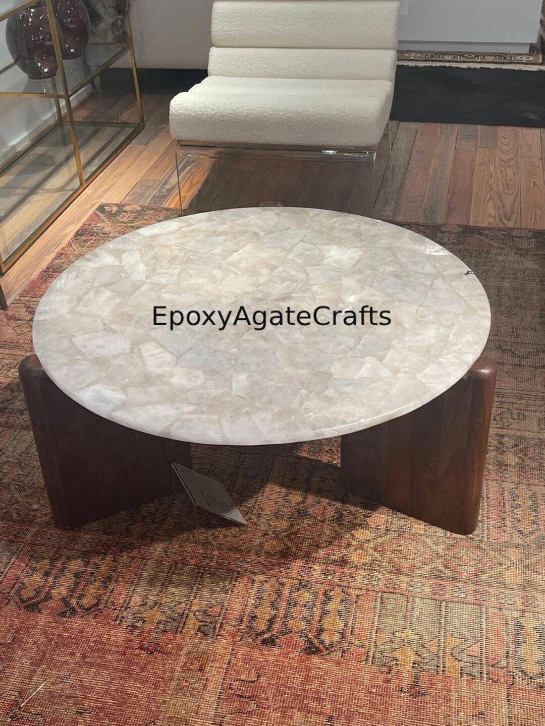 Round White Quartz Center Sofa Coffee Table Tops Handmade Furniture Mid ...