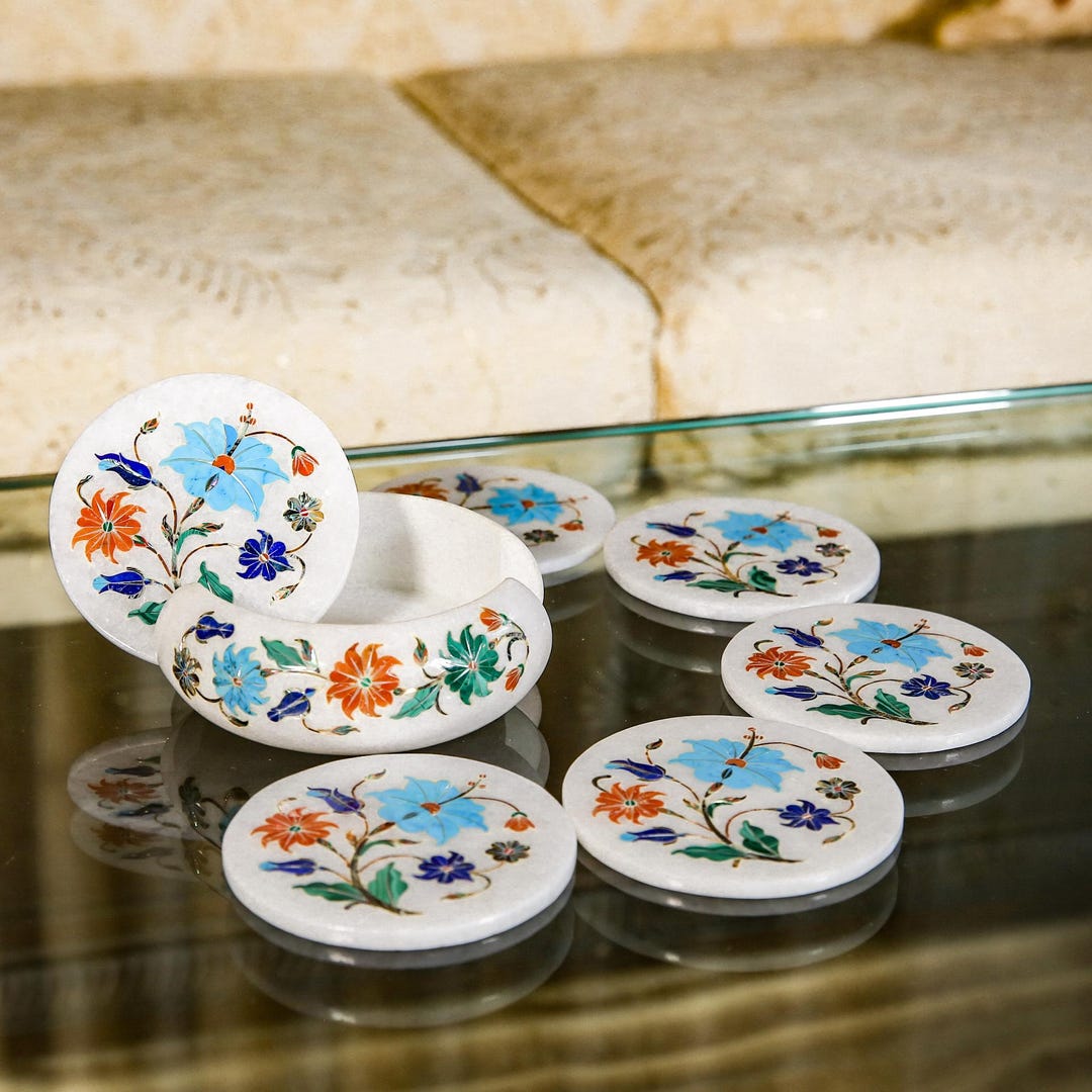4 White Round Marble Dining Table Coaster Set With Holder Turquoise ...