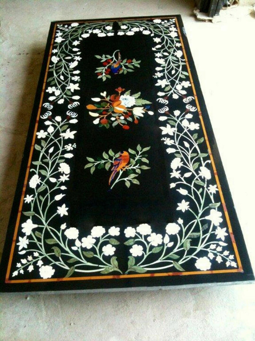 Elegant Black Marble Dining Table With Floral Inlay, Handmade Farmhouse ...