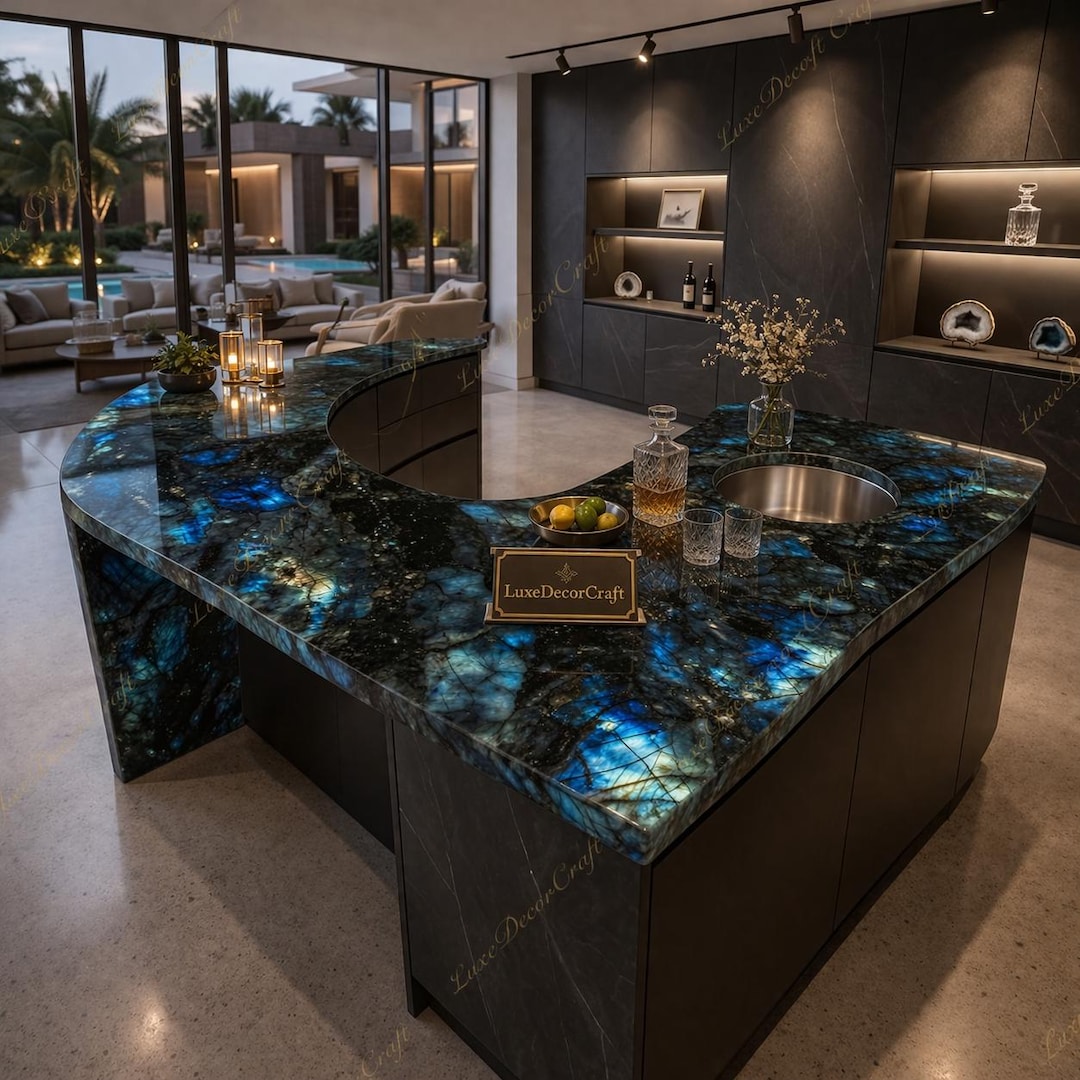 Blue Labradorite Kitchen Island Countertop, Custom Gemstone Bar Worktop ...