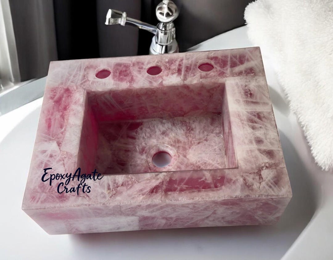 Square Rose Quartz Stone Sink Luxury Crystal Healing Gemstone Sink for ...