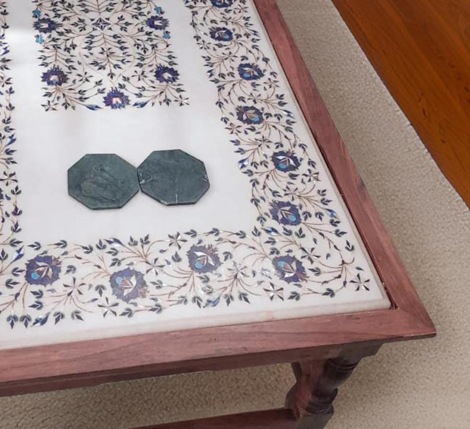 60x30 White Marble Dining Table Top With Lapis Lazuli Stone Inlay Work ...