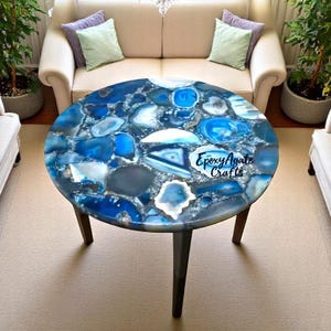 Round Blue Agate Stone Coffee Table Handmade Gemstone Mosaic Arts ...