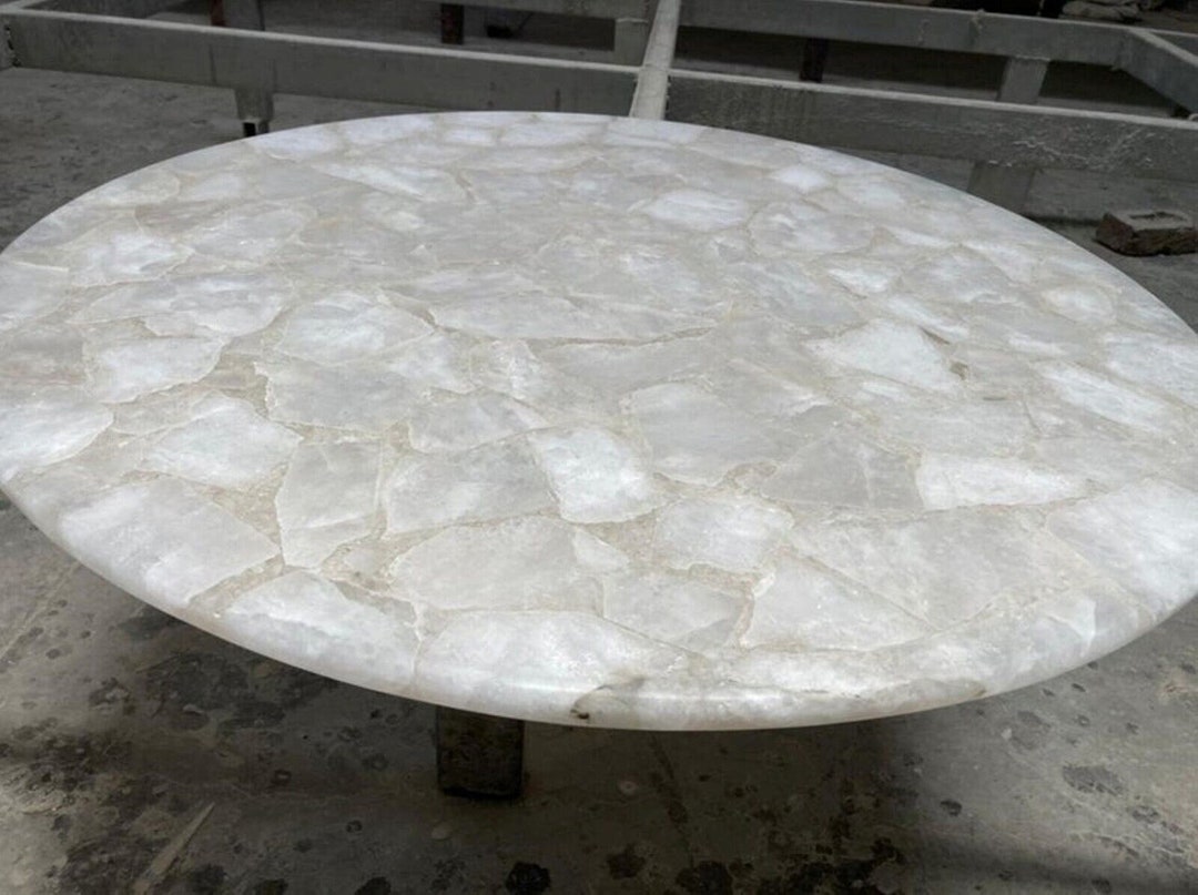 White Quartz Round Coffee Table, Luxury Top Counter Desk, Handmade ...