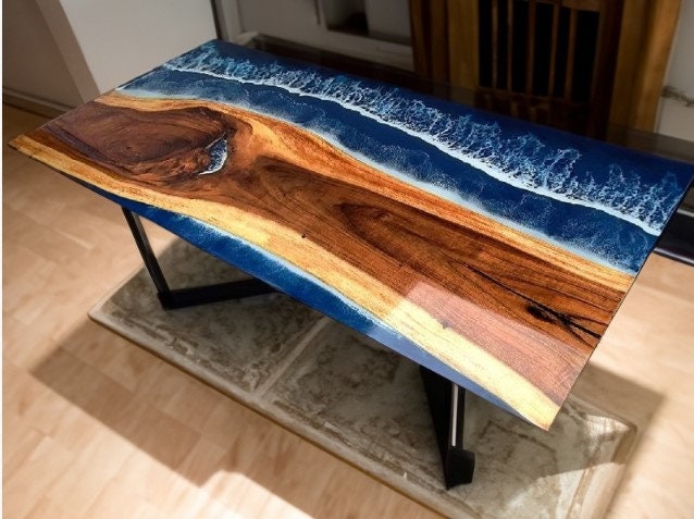 Blue Ocean Epoxy Wave Resin Dining Table, Balcony Epoxy Top Table ...