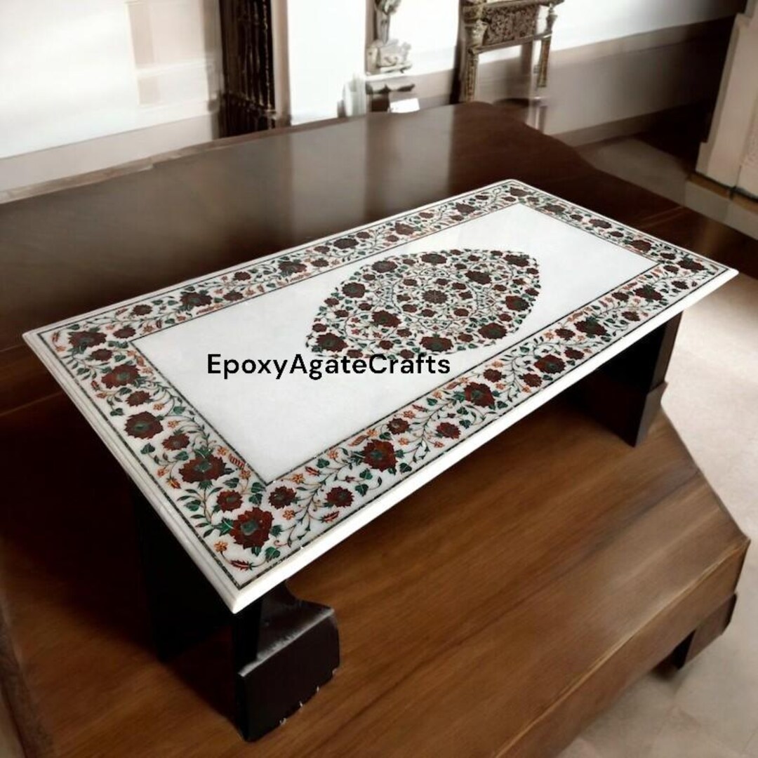 Rectangle White Marble Center Sofa Dining Table Carnelian Floral ...