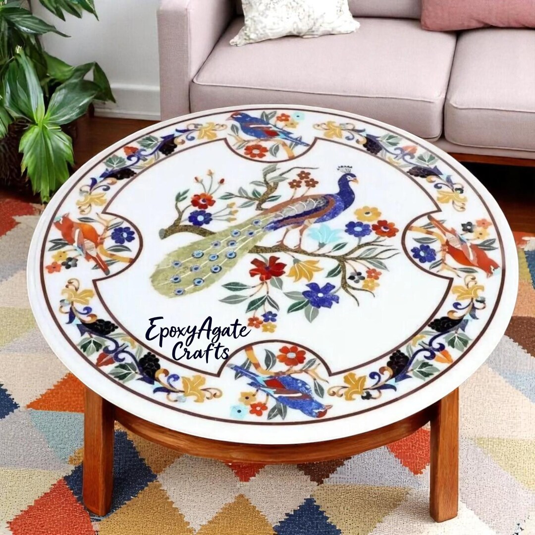 Round White Marble Coffee Table: Pietra Dura Floral Inlay - Etsy