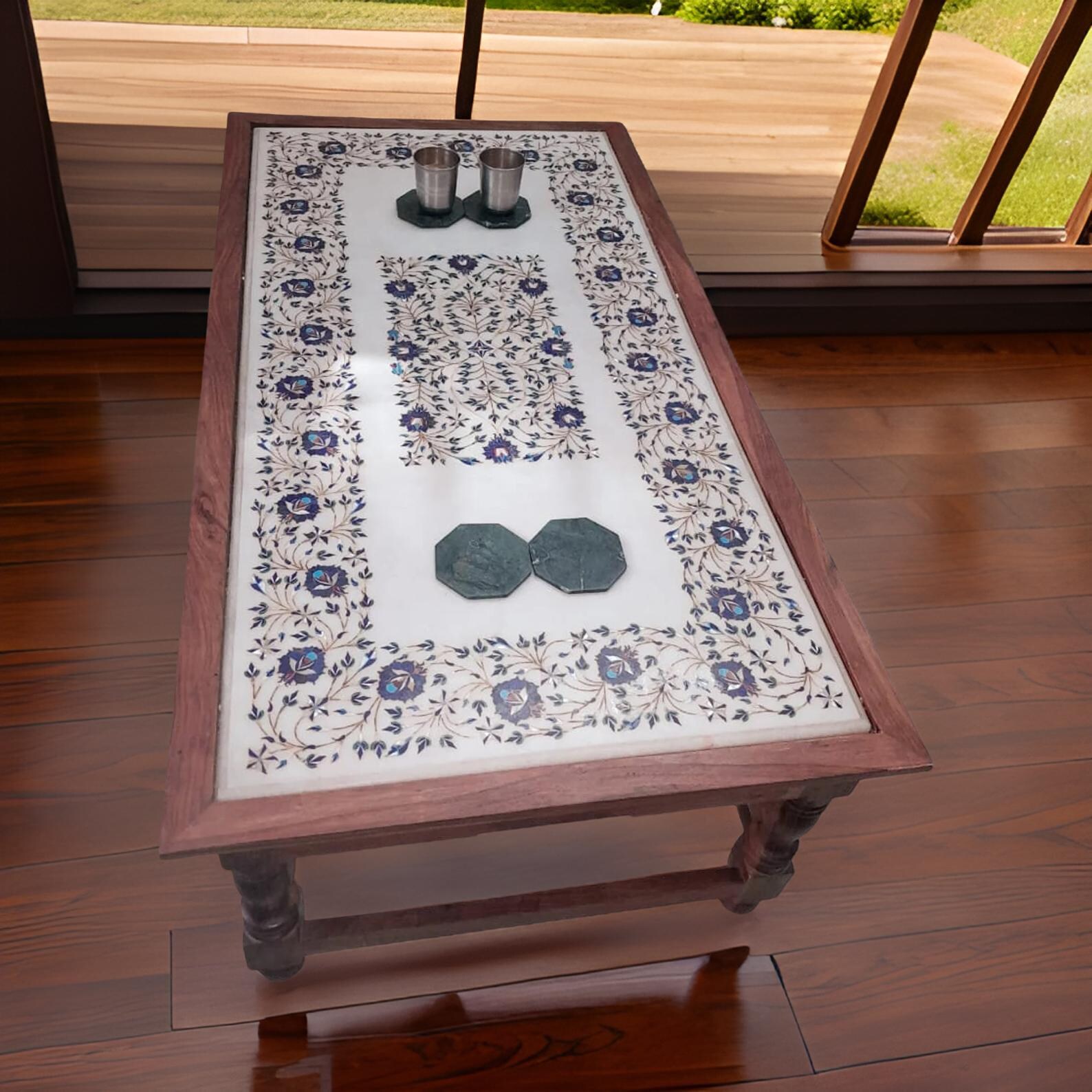 60x30 White Marble Dining Table Top With Lapis Lazuli Stone Inlay Work ...