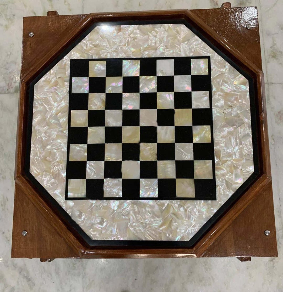 24 Octagon White Marble Top Chess Table Mother of Pearl Inlay Mosaic ...