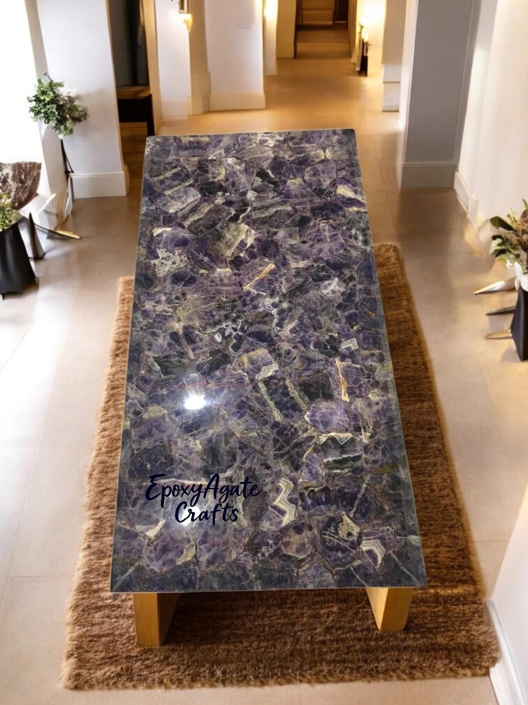 Rectangle Purple Amethyst Stone Dining Table Handmade Crystal Healing ...