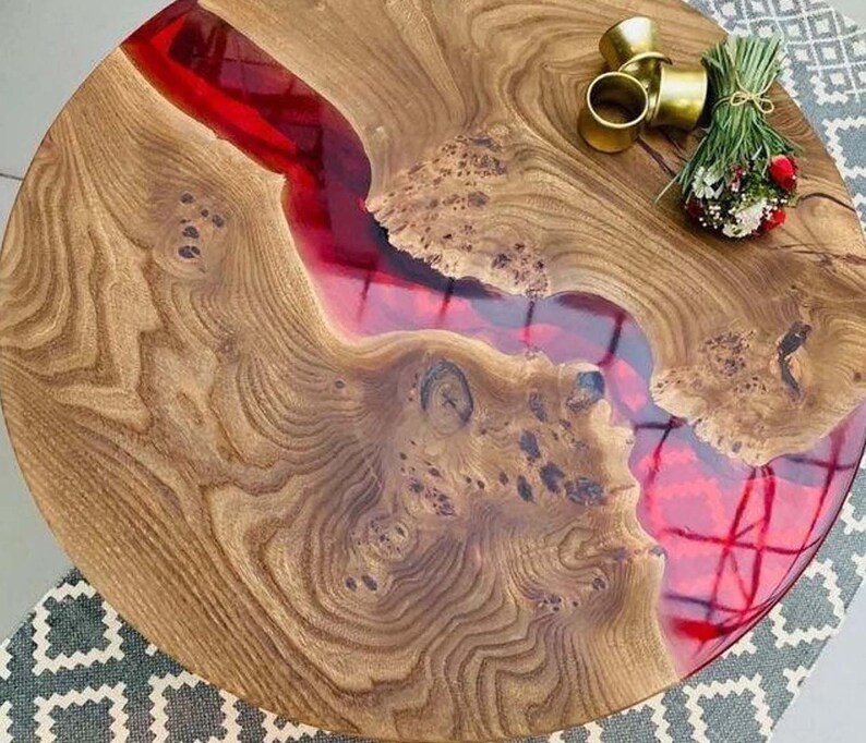 Custom Made Red Epoxy Resin Top Center Sofa Coffee Table Tops, Handmade ...