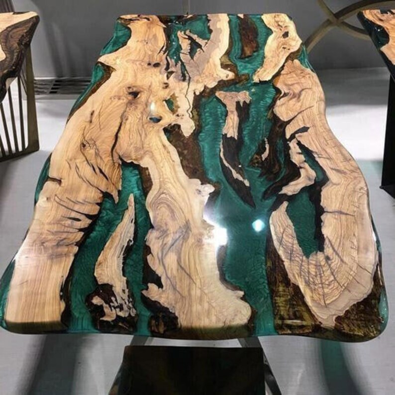 Handcrafted Green Epoxy Resin Handmade Wooden Live Edge Walnut Table ...