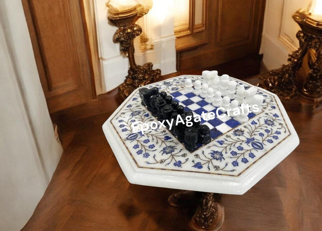 Octagon White Marble Inlay Chess Table Top With Lapis Lazuli Floral ...