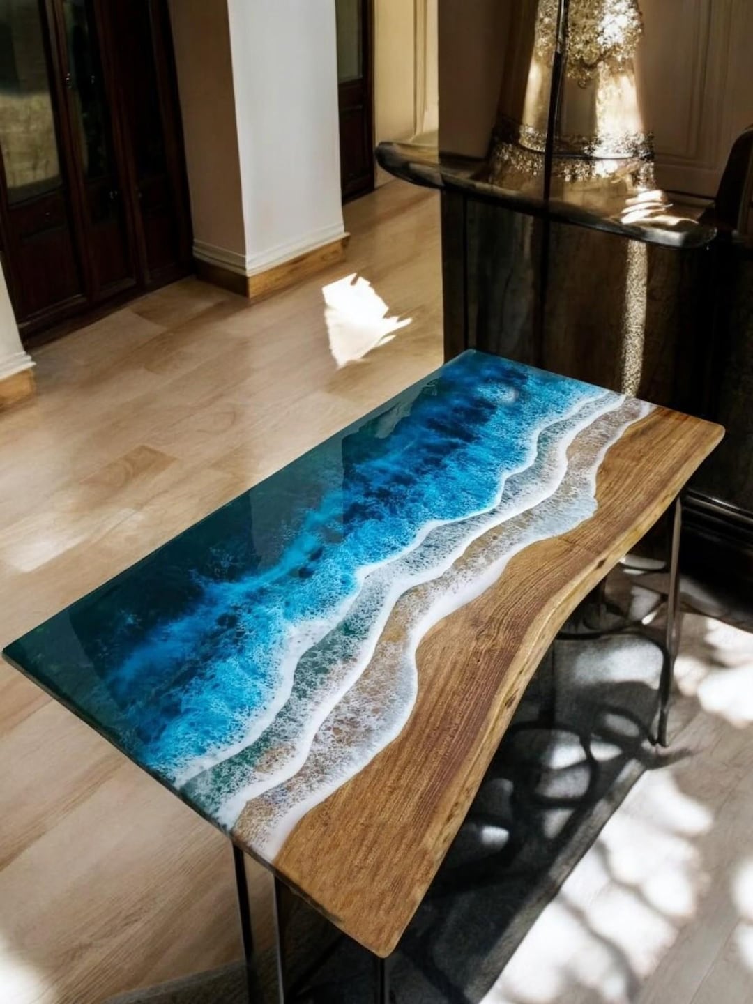 Ocean Wave Epoxy Resin Table Live Edge Wooden Coastal Decor for Custom ...