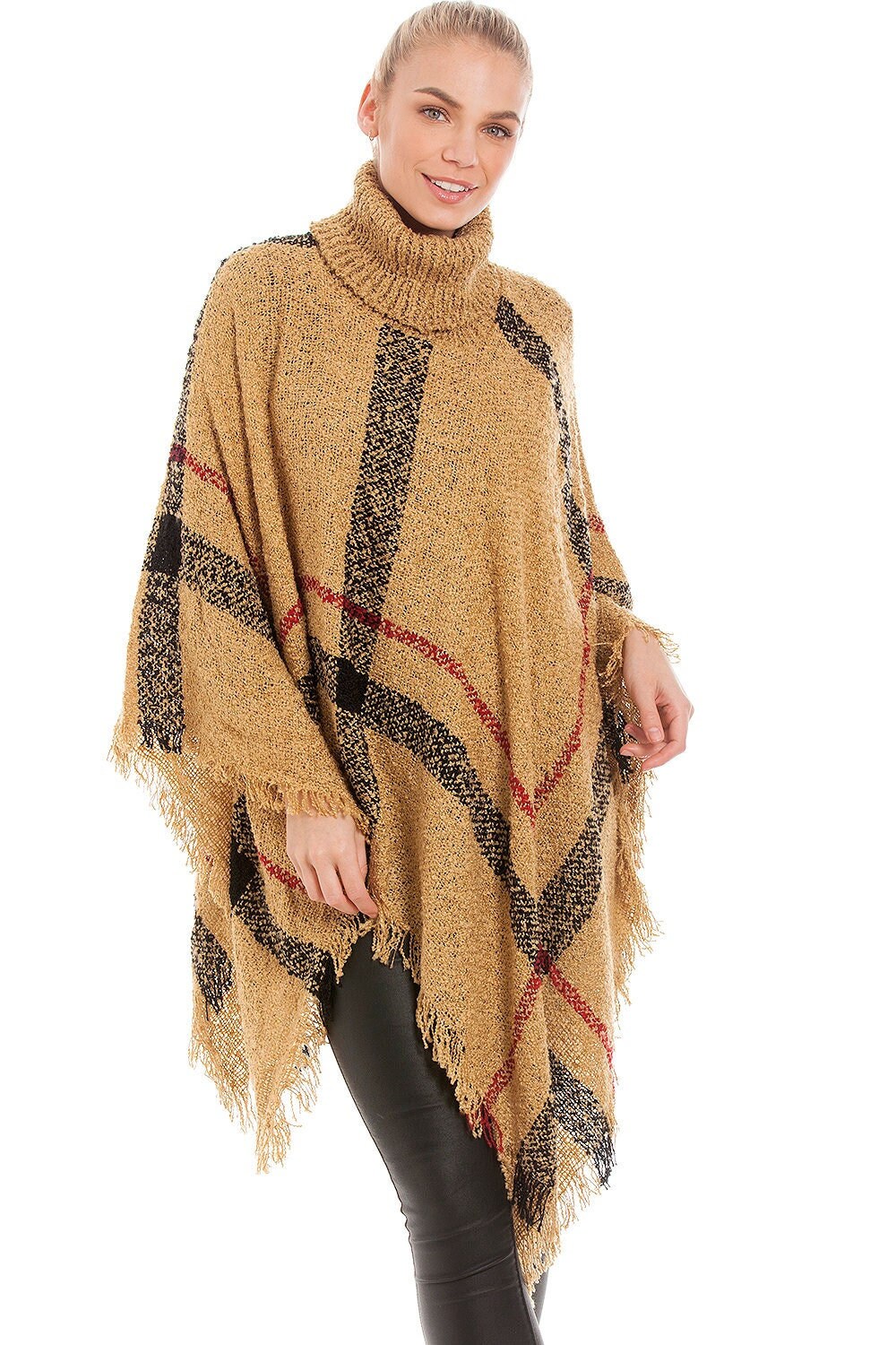 Central Chic Camel Tartan Long Poncho With Cowl Turtle Neck - Etsy UK