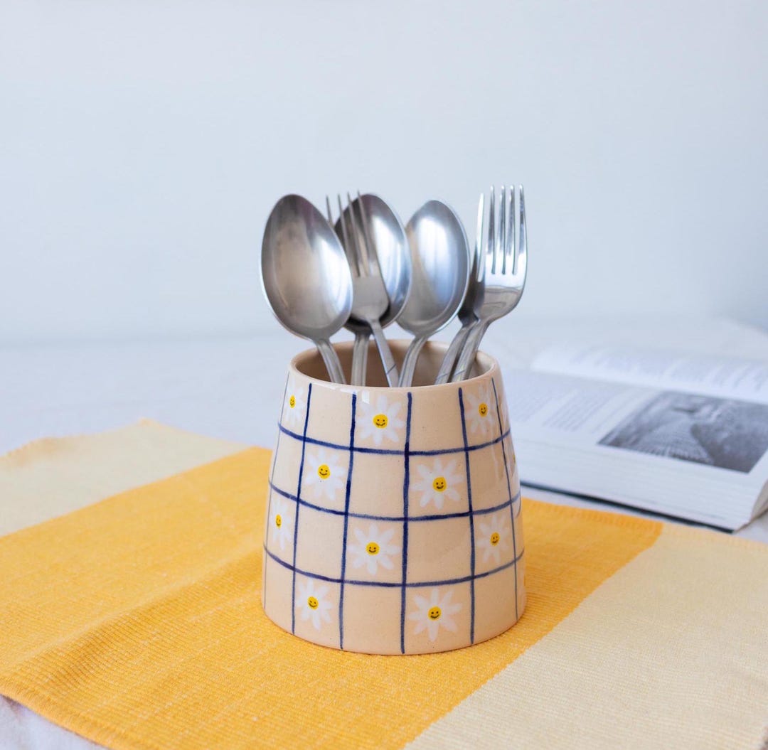 Ceramic Checkered Utensil Holder With Flowers, Utensil Crock, Beige ...