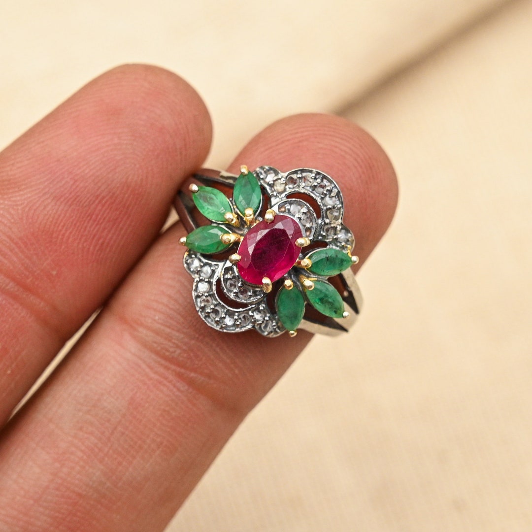 Wonderful Ruby & Emerald Gemstone Ring, 925 Sterling Silver With Pave ...