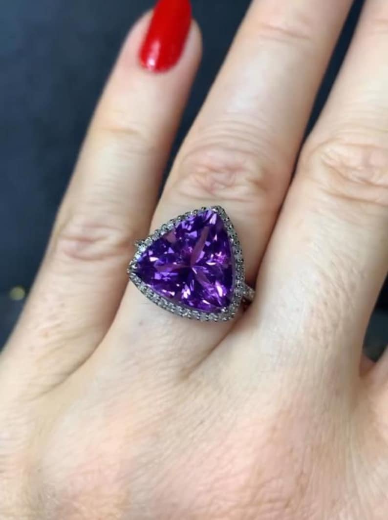 Purple Amethyst Ring, Pave Diamond 925 Sterling Silver, Trillion Cut - Etsy