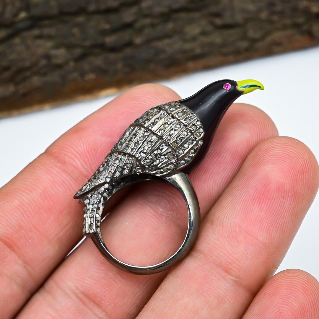 Genuine Pave Diamond Bird Ring, Handmade Nature Inspired 925 Silver ...