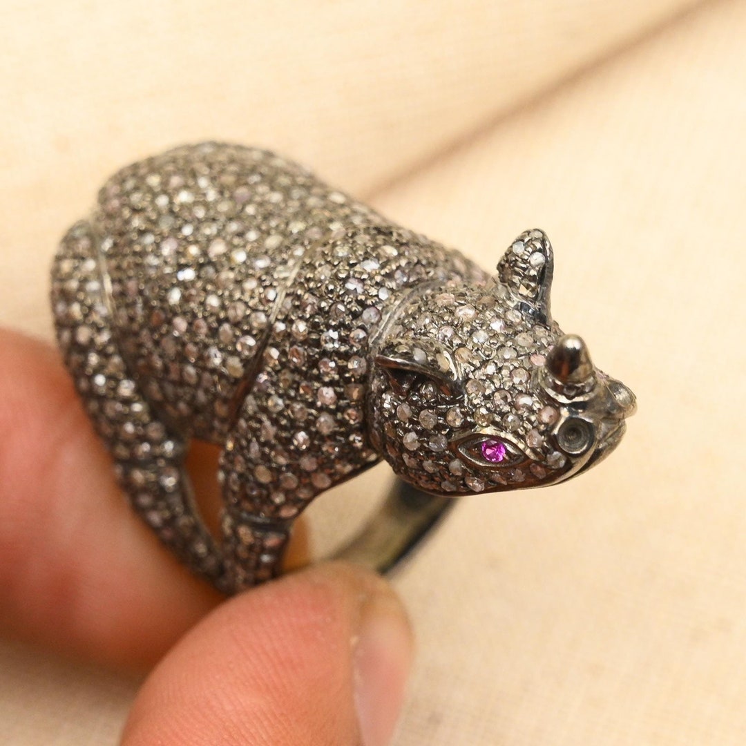 Unique Animal-shaped Ruby & Diamond Ring, 925 Sterling Silver Statement ...