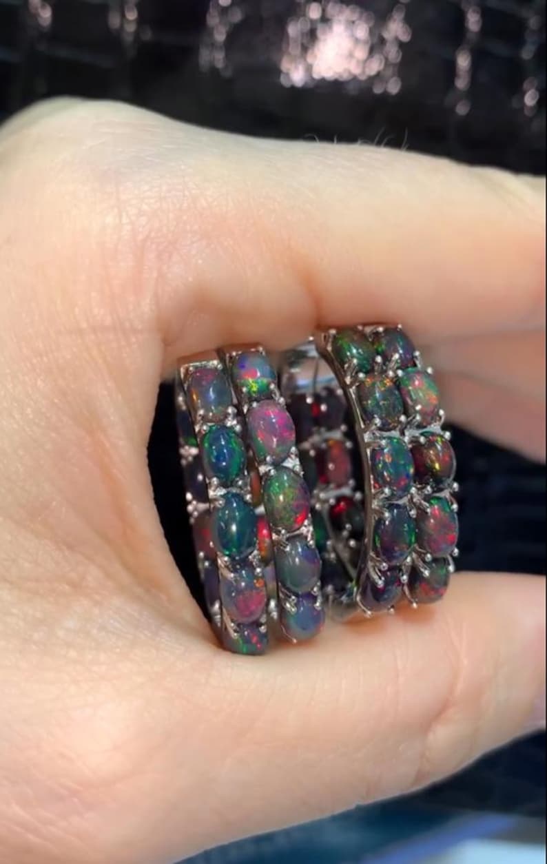 Black Fire Opal Hoop Earrings, Sterling Silver, Art Deco Jewelry - Etsy