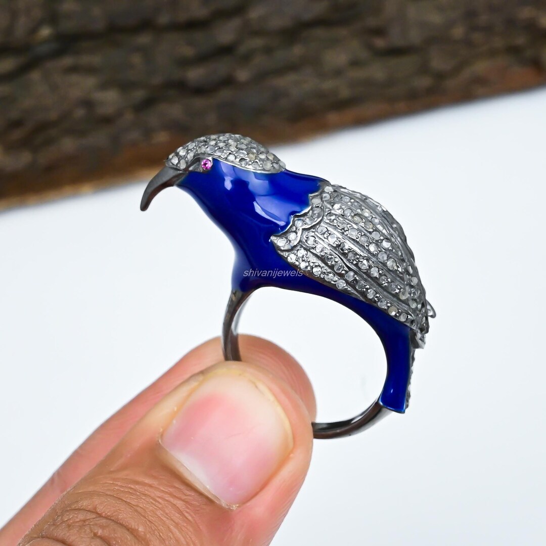 Natural Pave Diamond Bird Ring, Handmade 925 Silver Enamel Statement ...