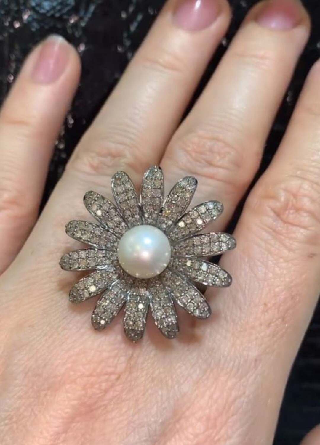 Pave Diamond Flower Ring, Pearl Center, Sterling Silver Art Deco - Etsy
