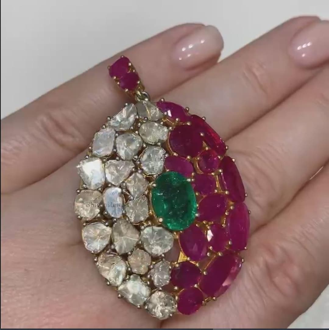 Amazing Natural Ruby & Emerald Gemstone Pendant, Polki Diamond Pendant ...