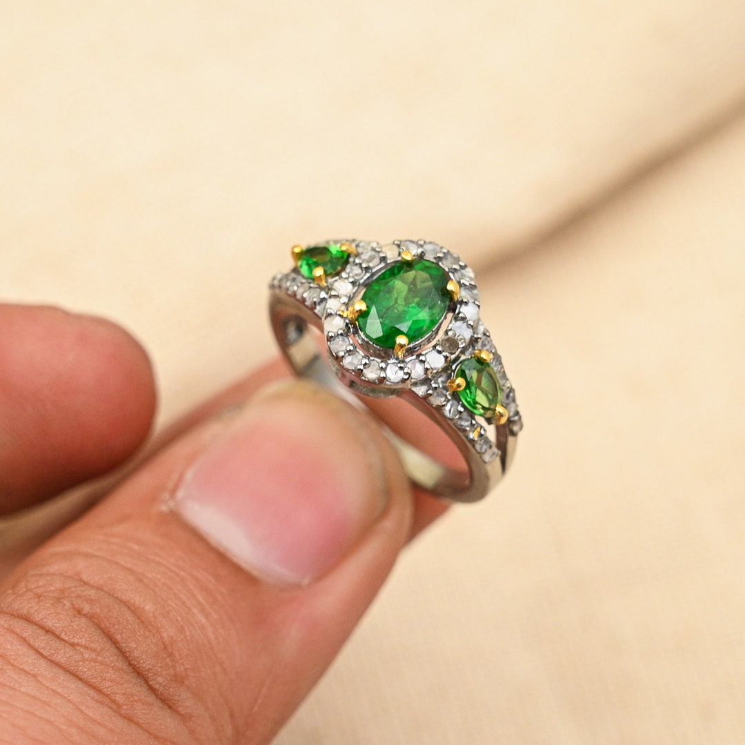 Victorian Tsavorite Ring, Sterling Silver, Pave Diamond, January ...