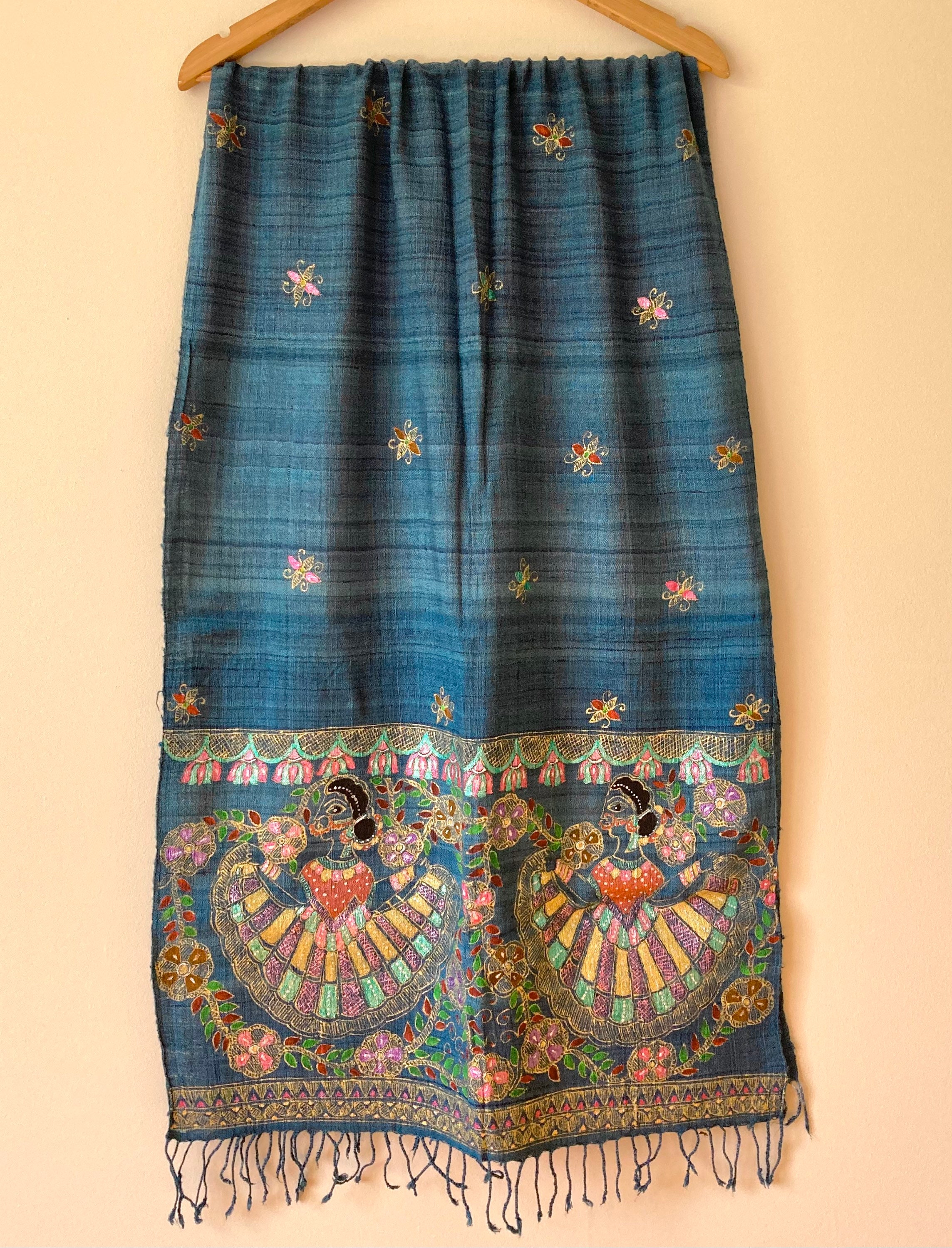 Handmade Silk Scarf, Raw Eri Ahimsa Silk With Handpainted Madhubani Art ...