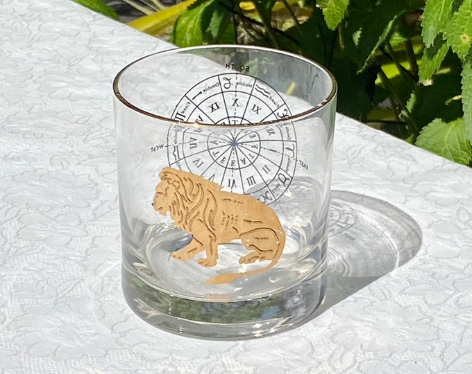 Vintage Zodiac LEO LION Gold Foil Lowball Whiskey Glass 8 Ounce Circa ...
