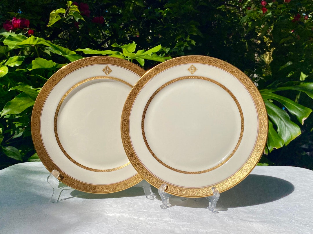Vintage Lenox Green Mark Gold Encrusted Monogrammed Pair of Dinner ...