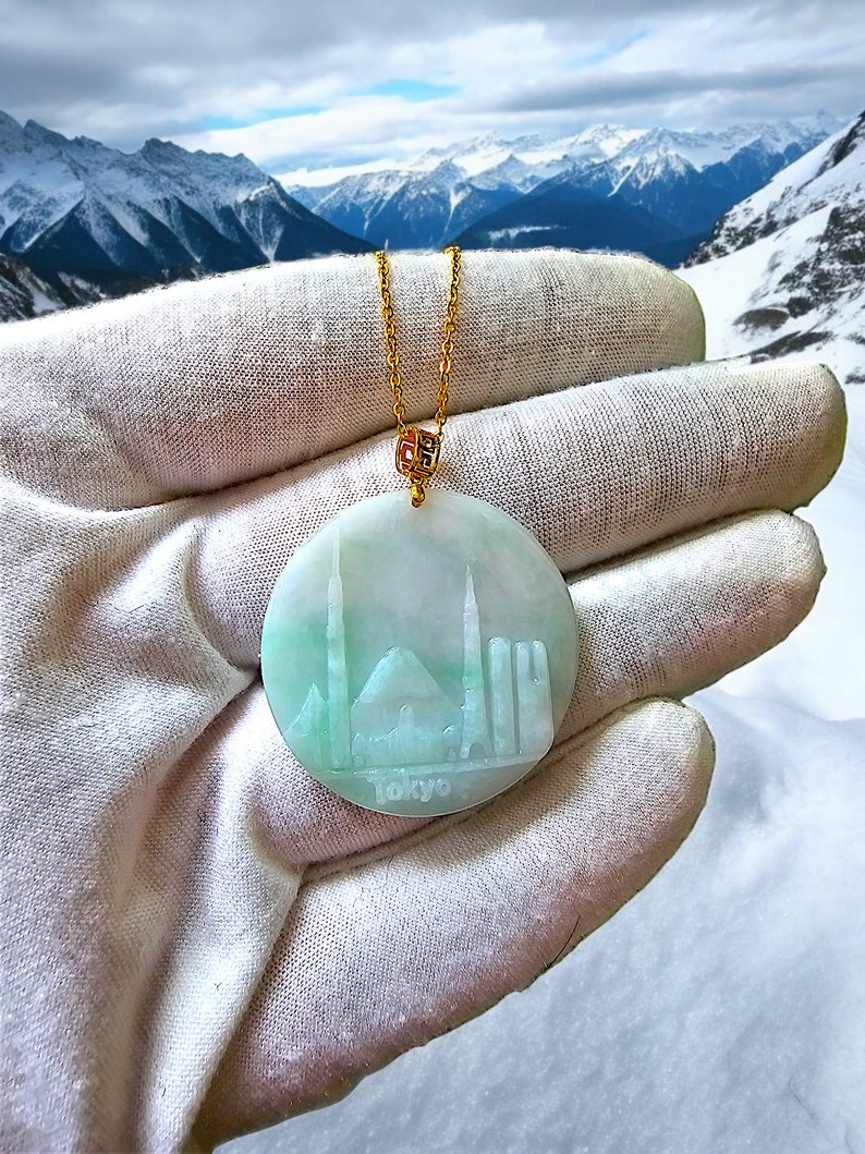 Iconic Skyline of Tokyo Burmese A-jade Pendant (with 18K Yellow Gold ...