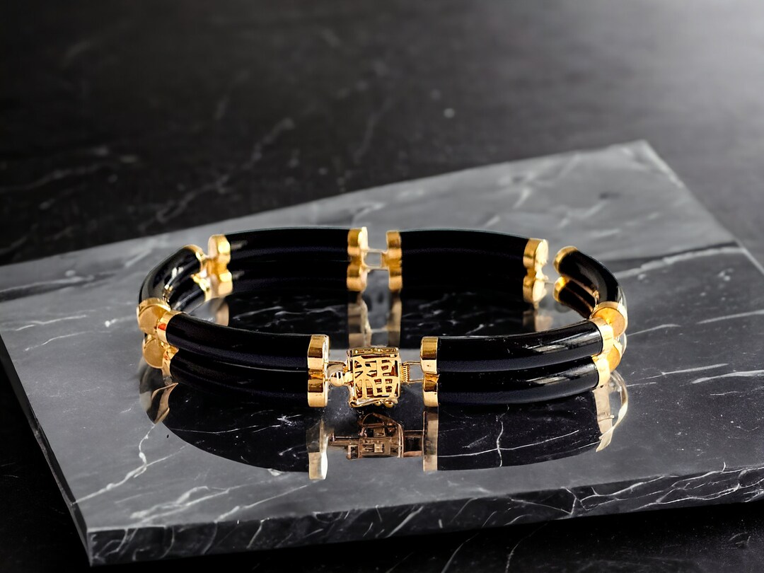 Double Fu Fuku Fortune Onyx Bracelet (with 14K Yellow Gold) - Etsy