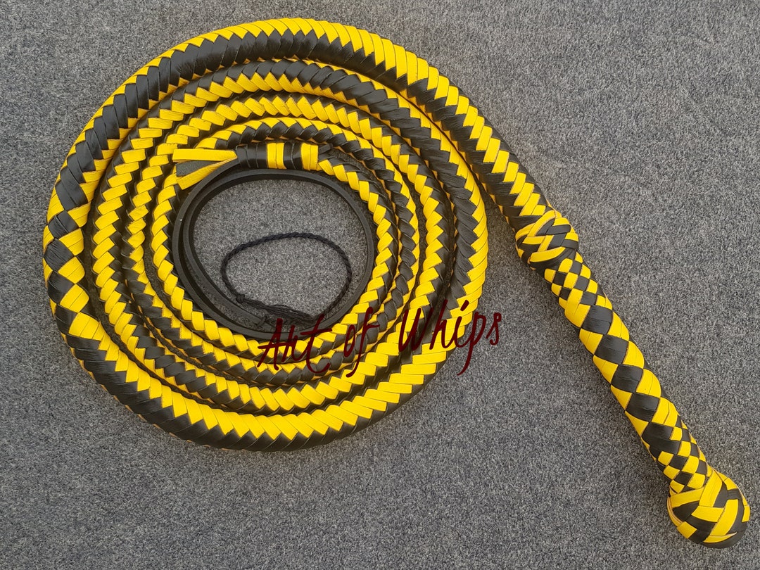 4 to 12 Feet Long 12 Plaits Yellow and Black Real Whip Top Grain Leather Heavy Duty Easy ...