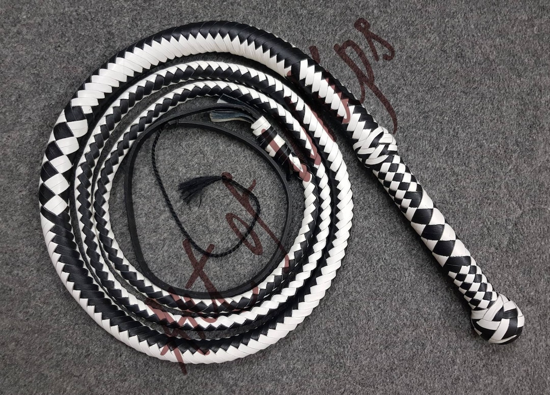 4 to 12 Feet Long 12 Plaits White and Black Real Whip Top Grain Leather Heavy Duty Easy Cracking ...