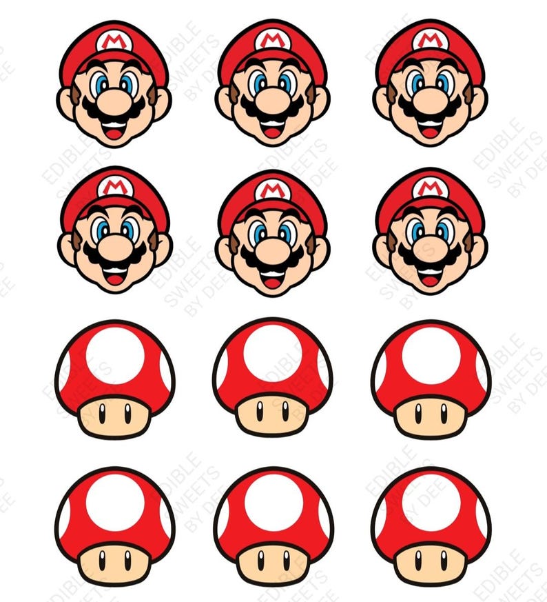 Mario and Mushroom Head Cutouts Birthday Edible Cupcake, Cake Toppers ...
