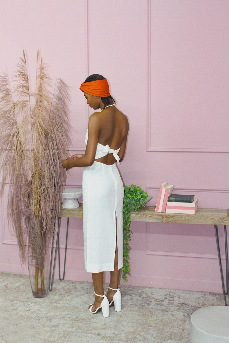 Ivory Halter Backless Linen Dress With Tie Waist & Zip Closure - Bow ...