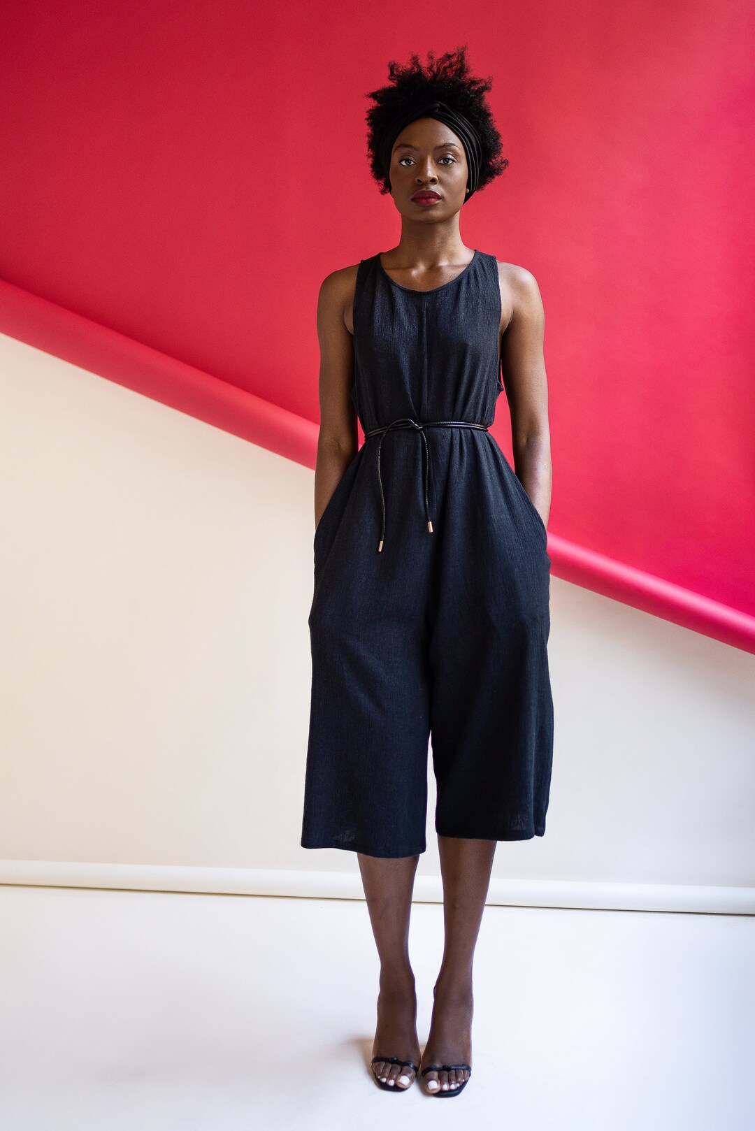 Black Cotton Jumpsuit – Sleeveless Textured Crepe With Pockets & Heart ...