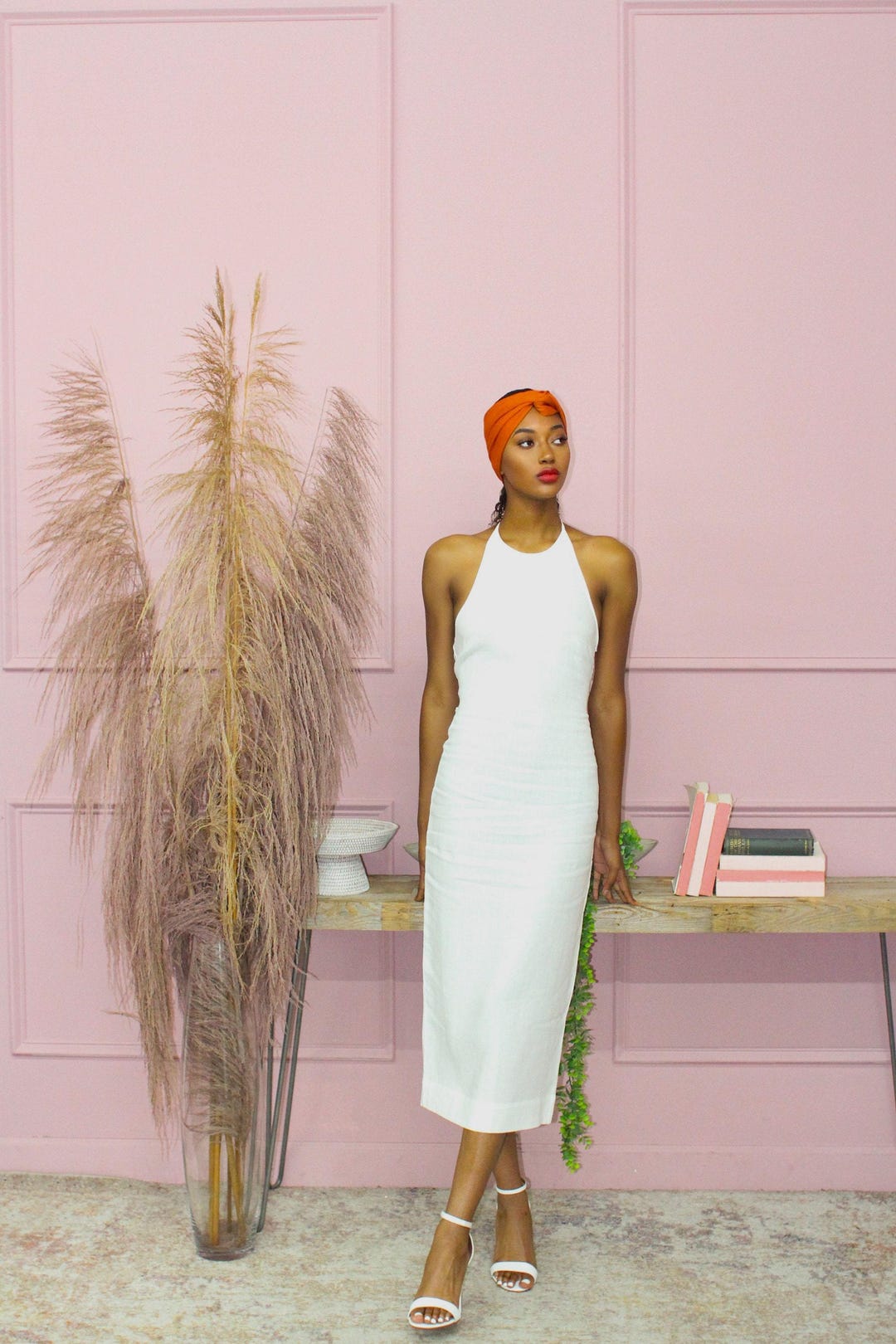 Ivory Halter Backless Linen Dress With Tie Waist & Zip Closure - Bow ...