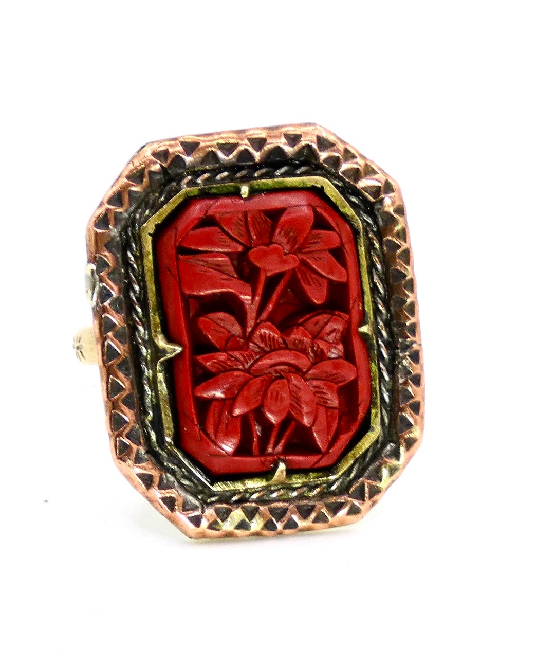 Vintage Carved Chinese Red Cinnabar Floral Chinese Adjustable Ring - Etsy