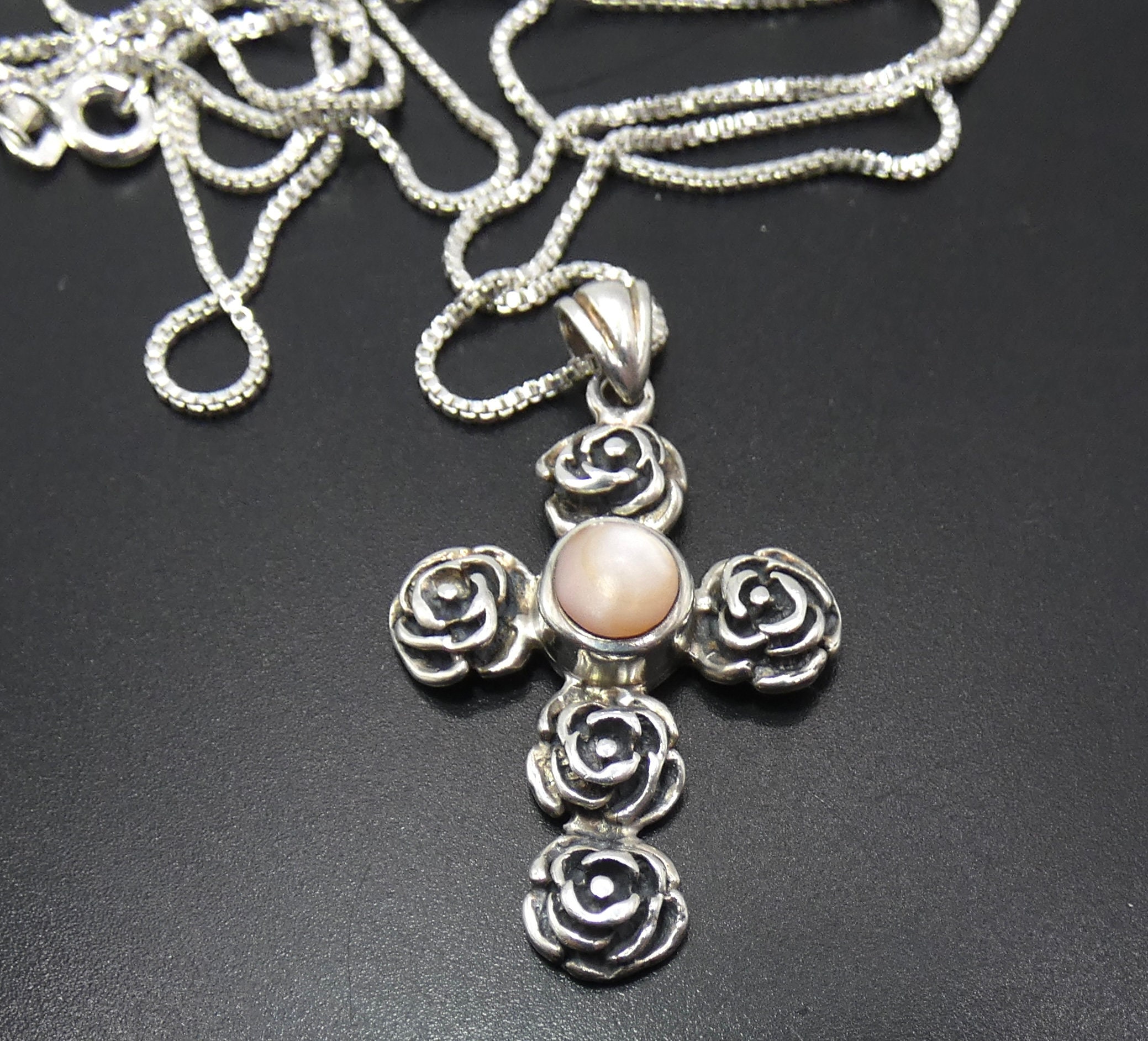 Vintage Mexico Rose of Sharon Cross Sterling Silver & Mother of Pearl ...