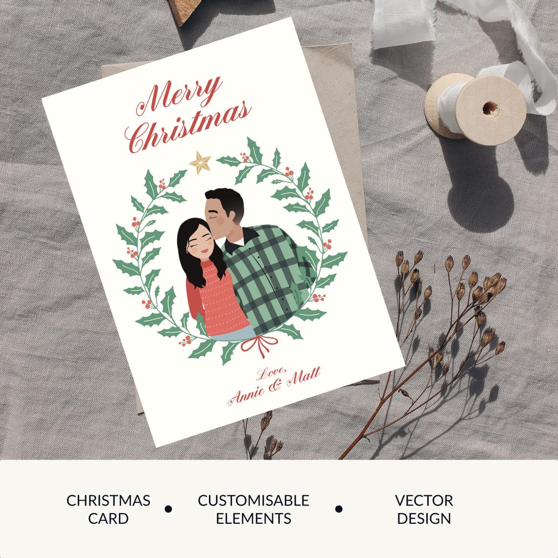 Couple Christmas Card Template, Family Card, Xmas Custom Portrait Card ...