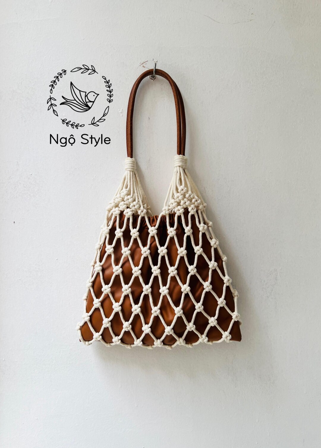 Macrame Bag With Leather Handles, Macrame Net Bag, Macrame Shoulder Bag ...