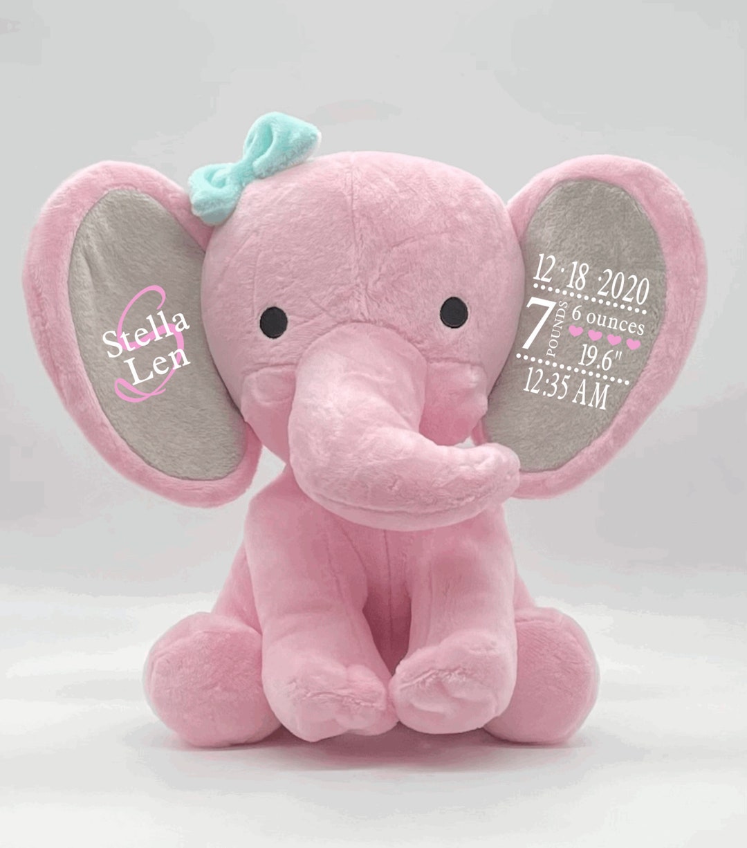 Baby's Birth Stats Pink Elephant Plush , Personalized Stuffed Animal ...