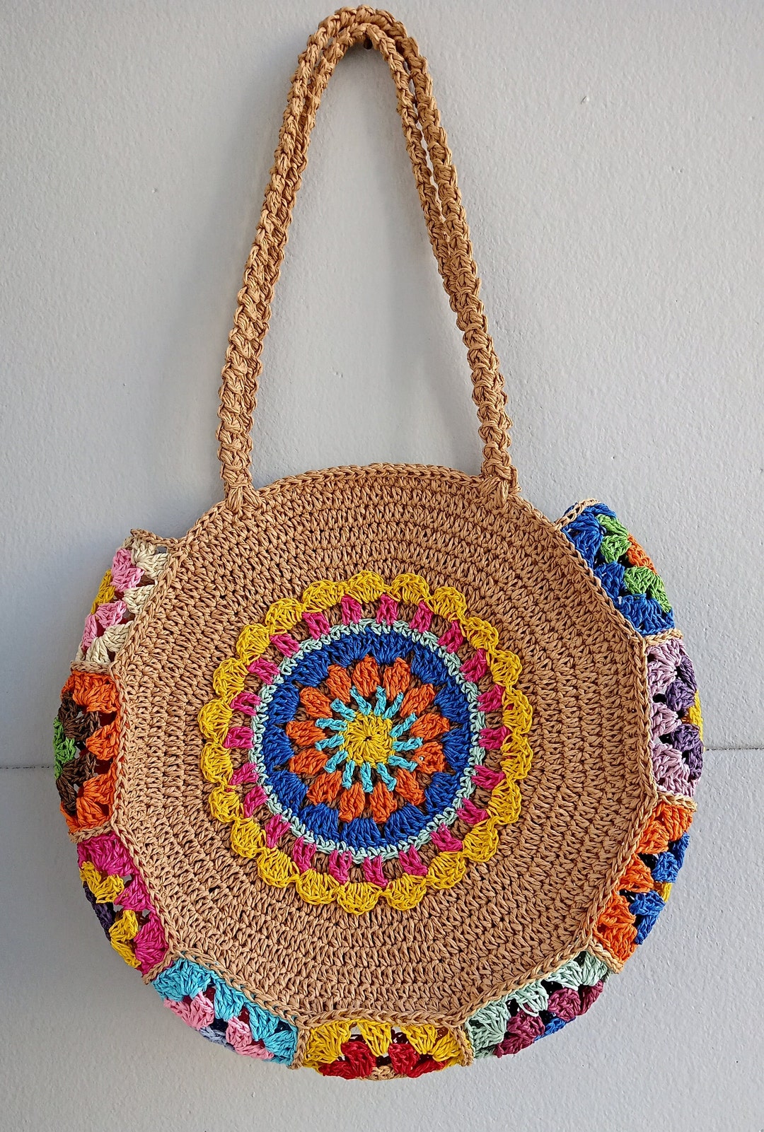 Mandala Straw Tote Bag, Round Straw Shoulder Bag, Colorful Straw Purse ...