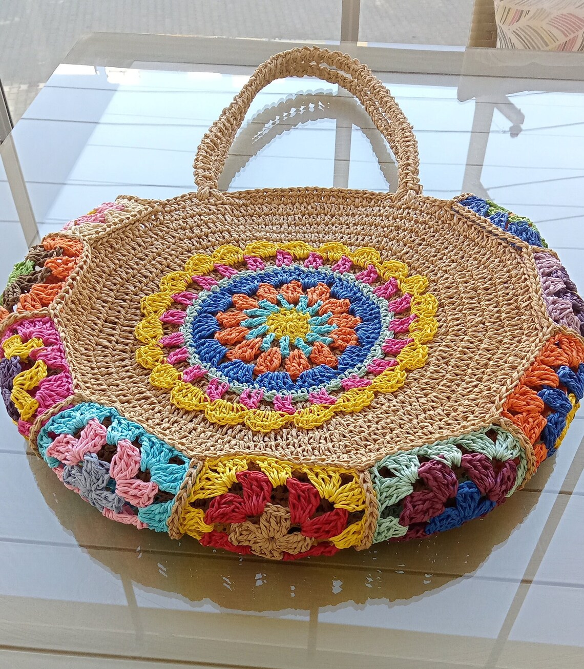 Mandala Straw Tote Bag, Round Straw Shoulder Bag, Colorful Straw Purse ...
