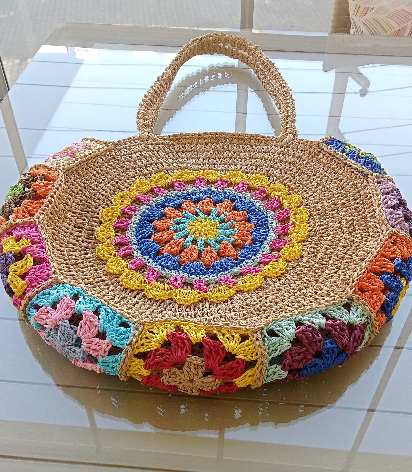 Mandala Straw Tote Bag, Round Straw Shoulder Bag, Colorful Straw Purse ...