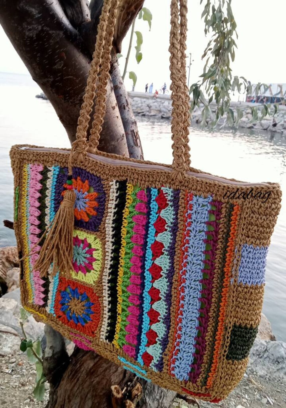 Multicolor Straw Grannysquare Purse, Straw Tote Purse, Authentic Straw ...