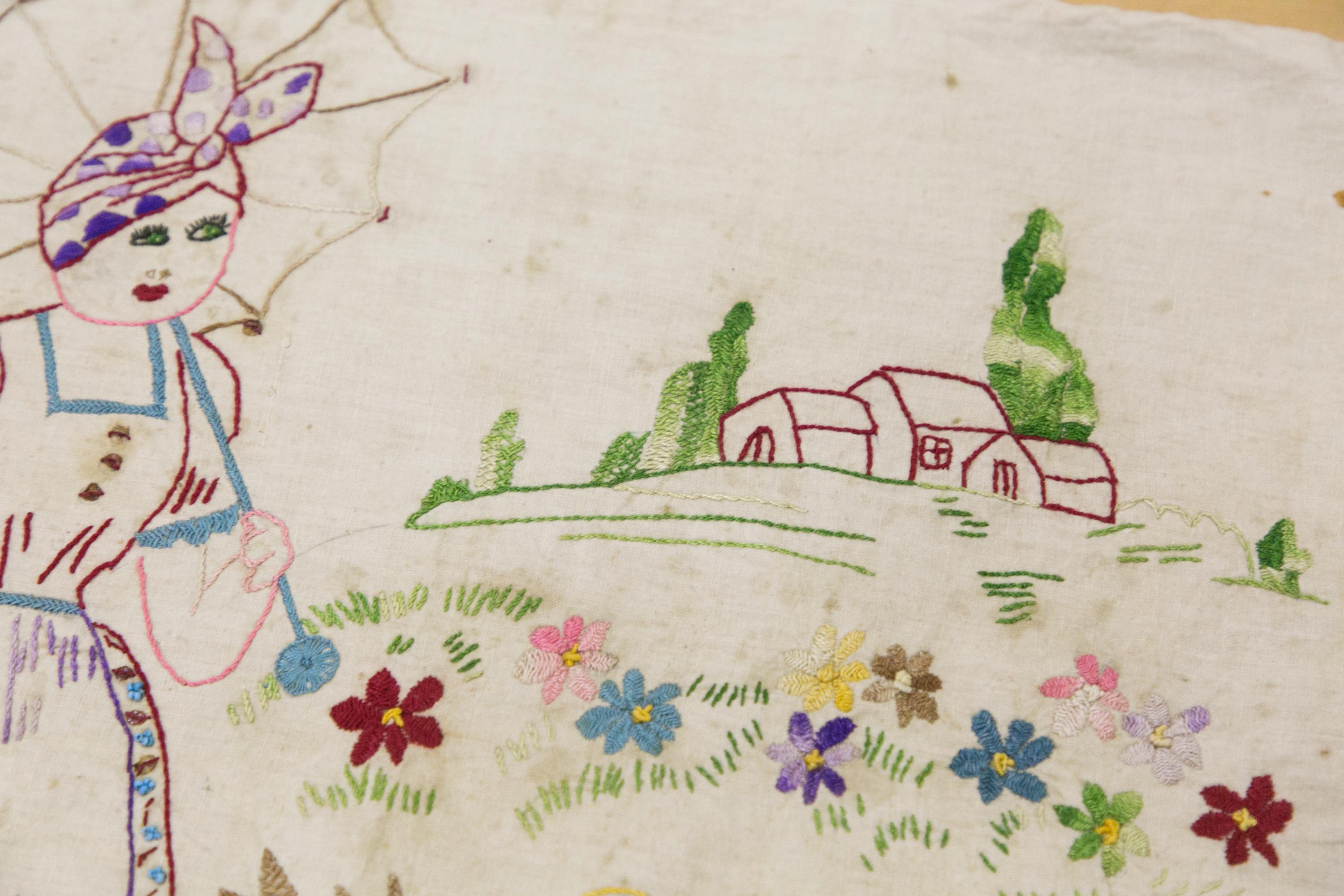 Vintage Village Life Embroidery, Hand-stitched Rural Scene, 38 X 44 Cm ...